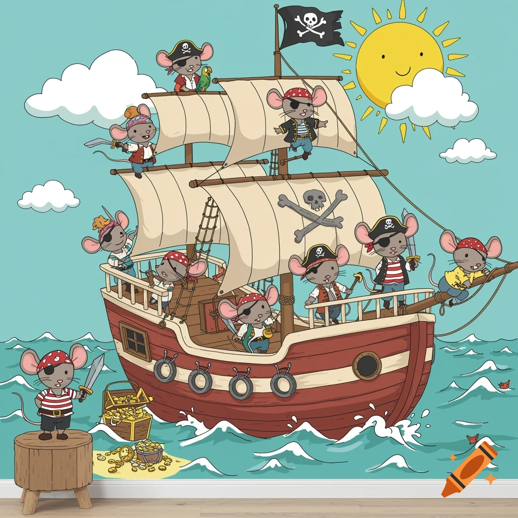 Cartoon illustration of pirate mice on a ship in the ocean on Craiyon