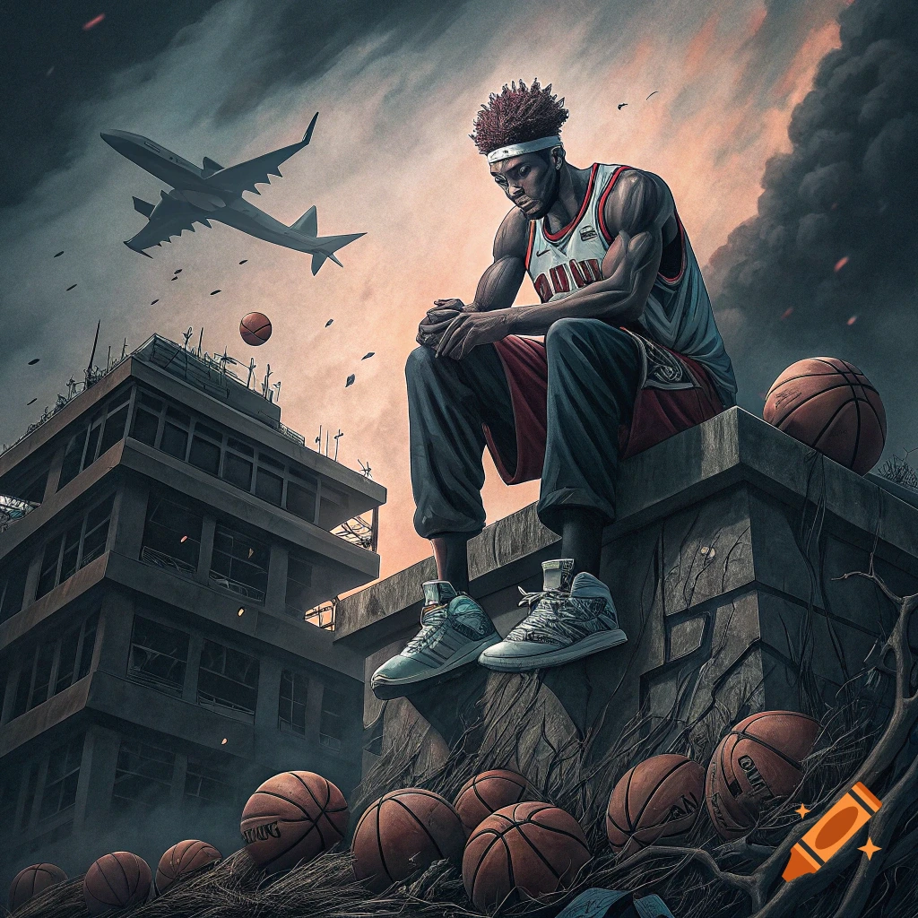 LeBron James as Sukuna on collapsed building with basketballs and plane ...