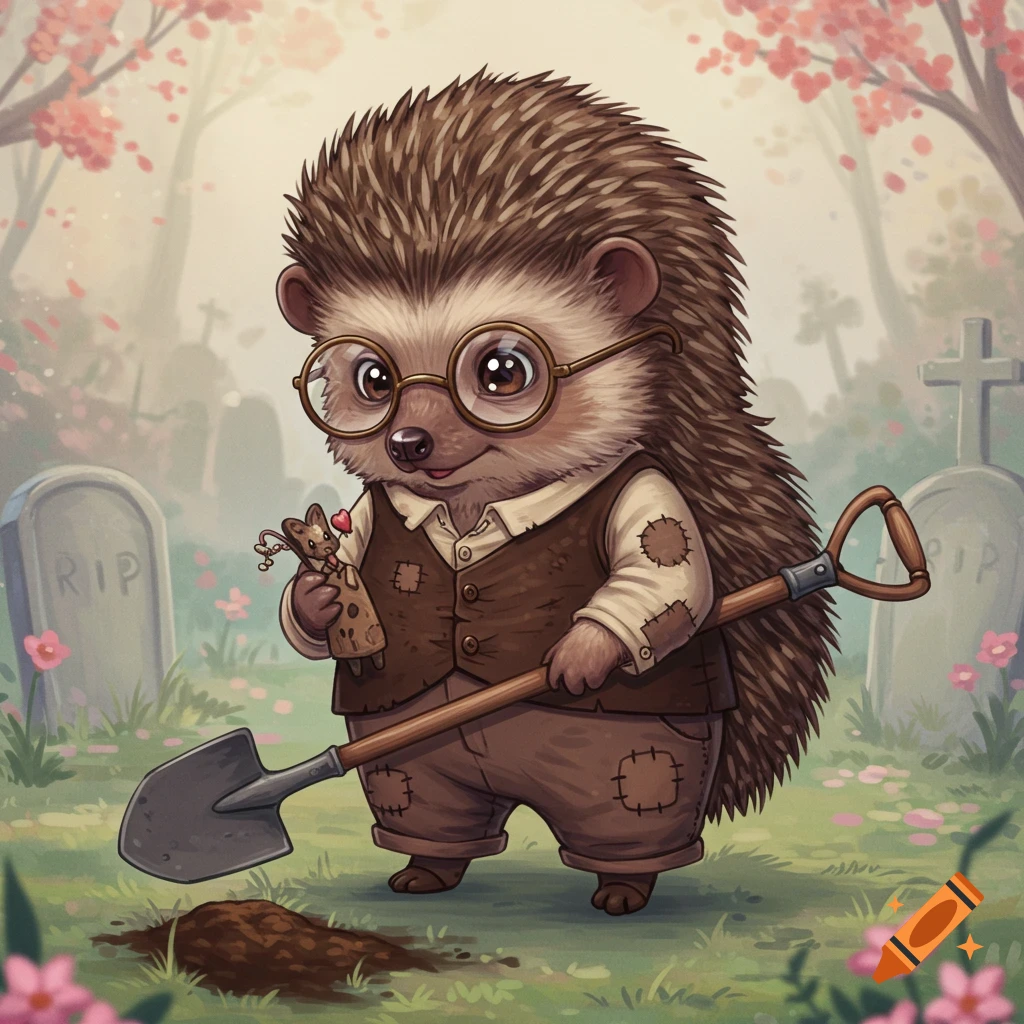 Chibi-style hedgehog grave keeper with shovel on Craiyon