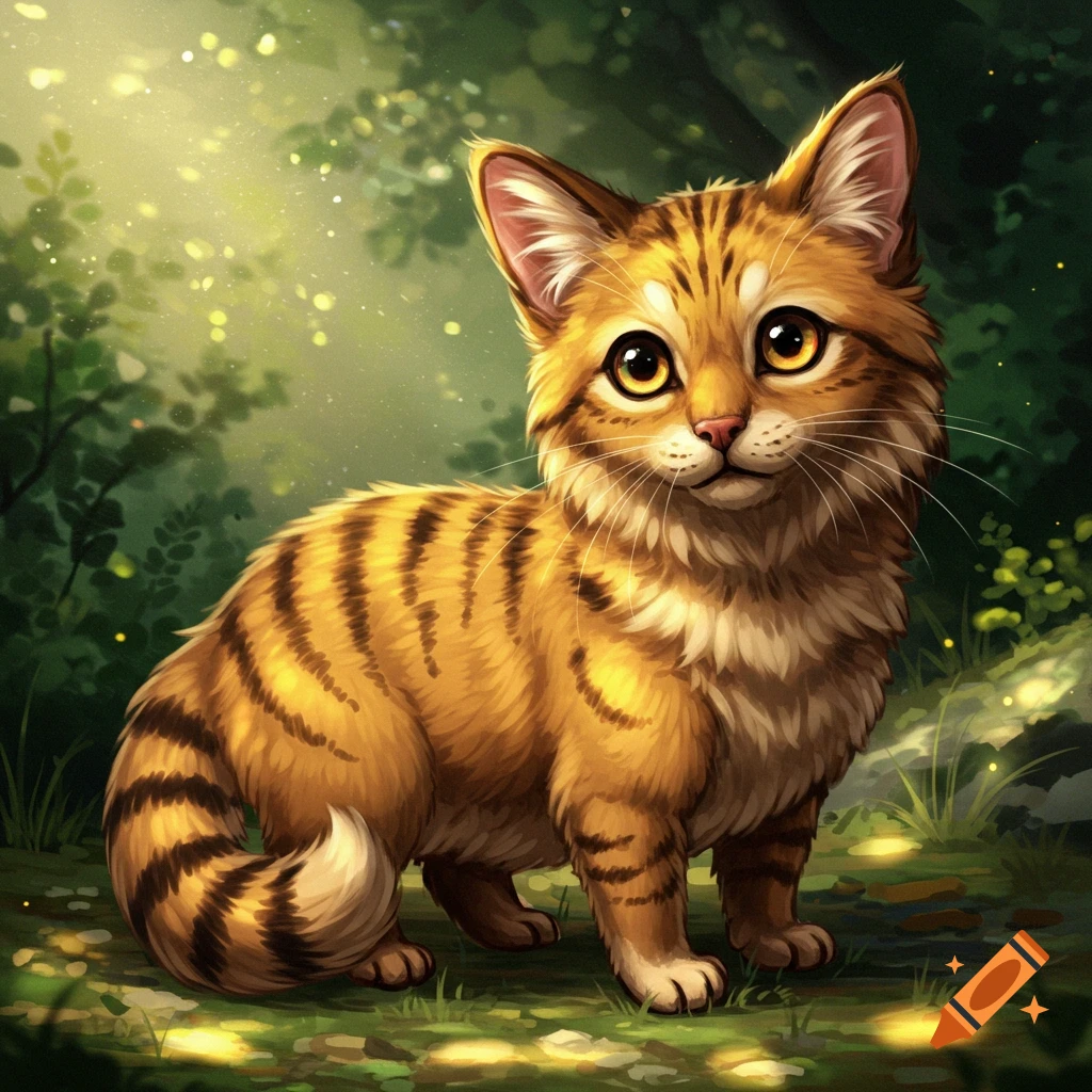 An orange tabby cat with bright green eyes sits on a stone in a lush ...