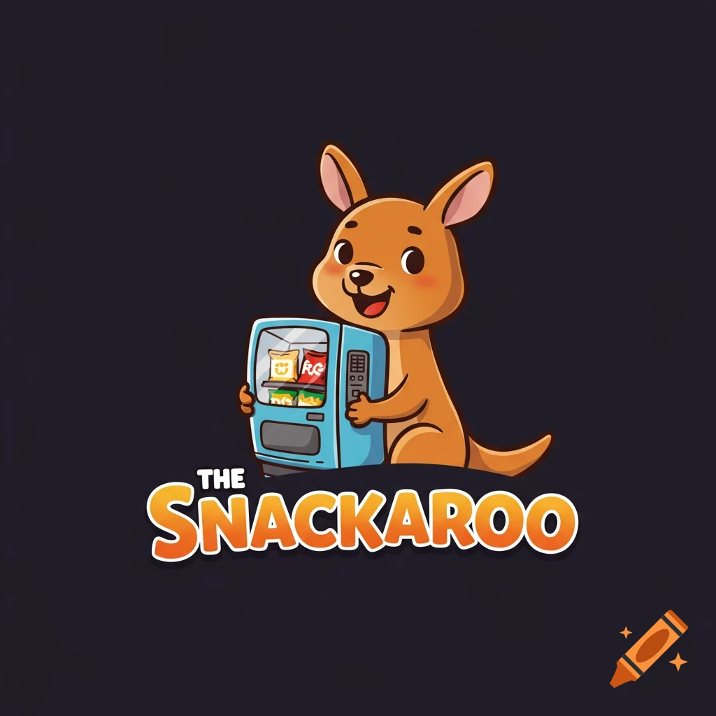 Cartoon kangaroo mascot holding a vending machine, with the text 'THE ...