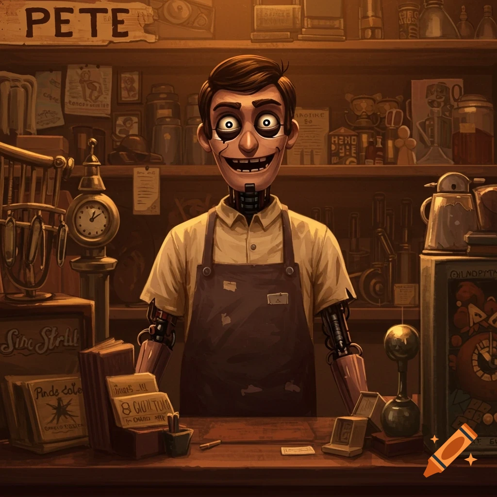 An animatronic figure behind a shop counter in a cluttered store. on ...