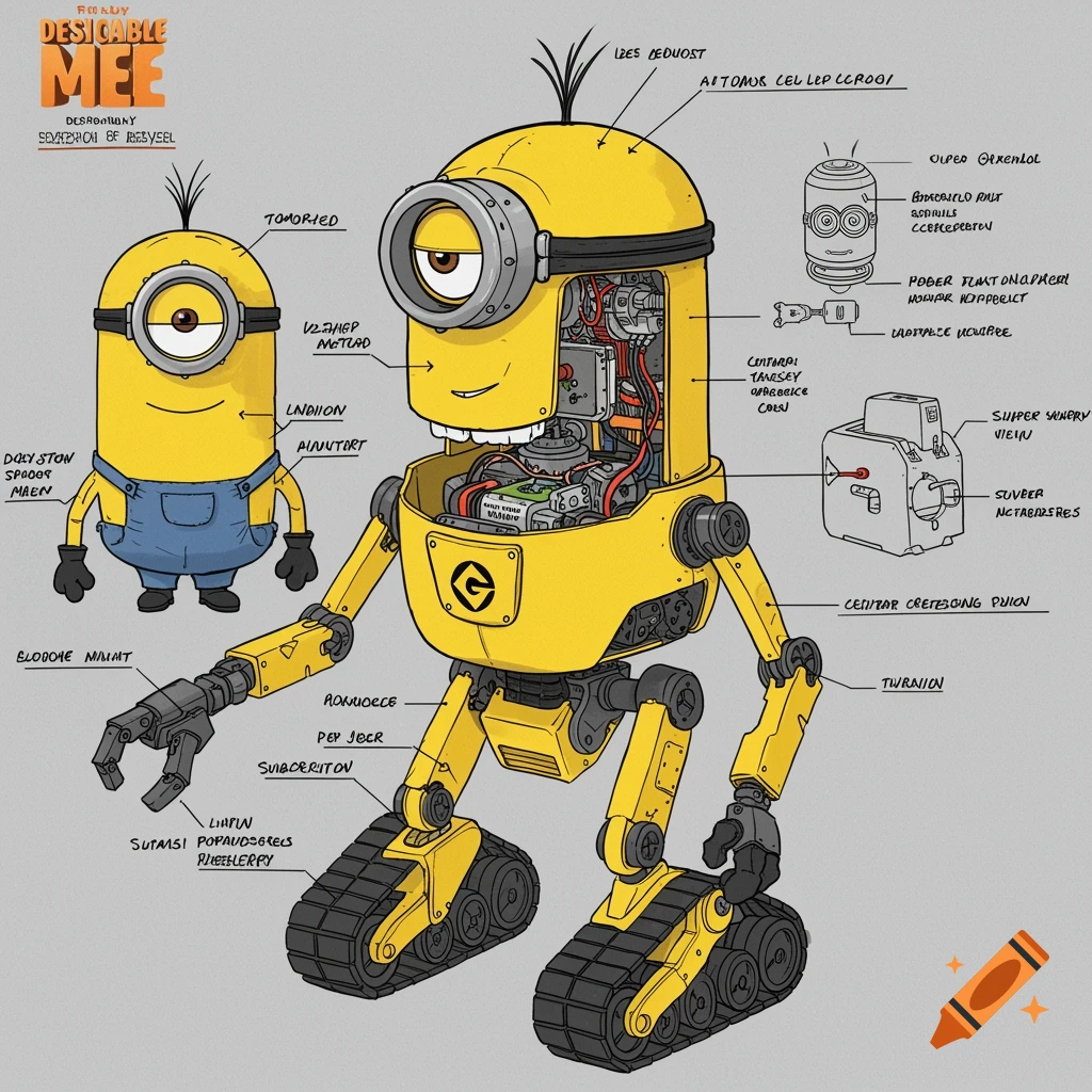 Engineering diagram of a Despicable Me robot minion on Craiyon
