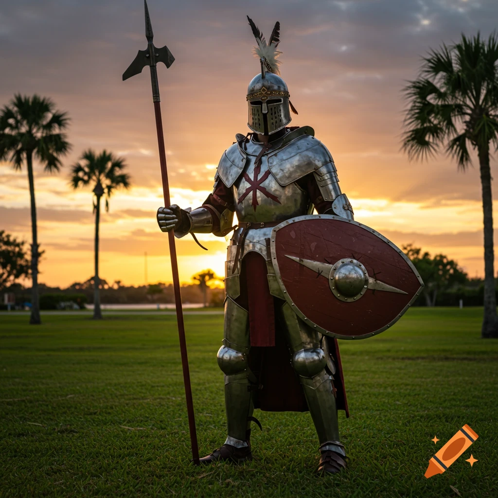 A knight in full plate armor with a halberd and shield stands in a ...