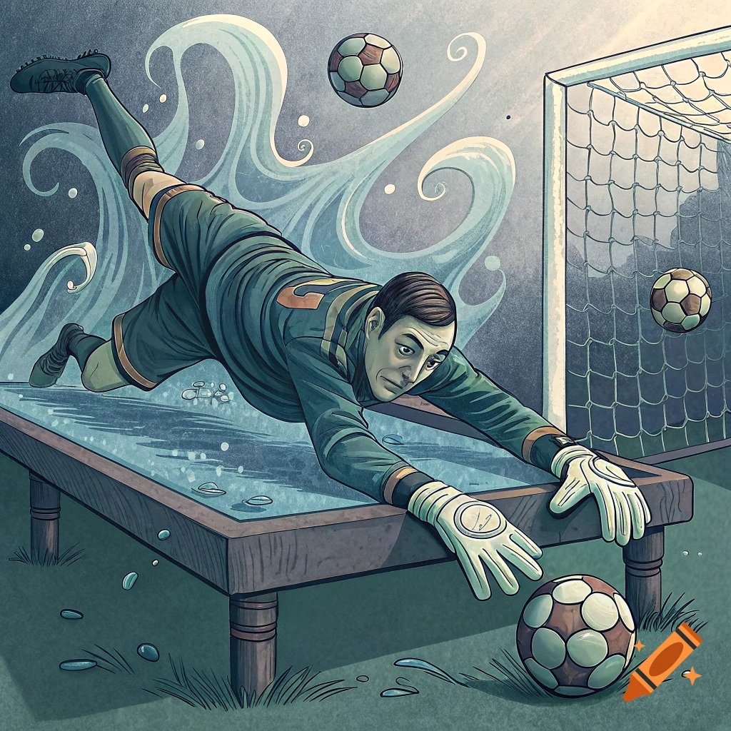 Surreal illustration of a soccer goalkeeper diving over a surface, with ...