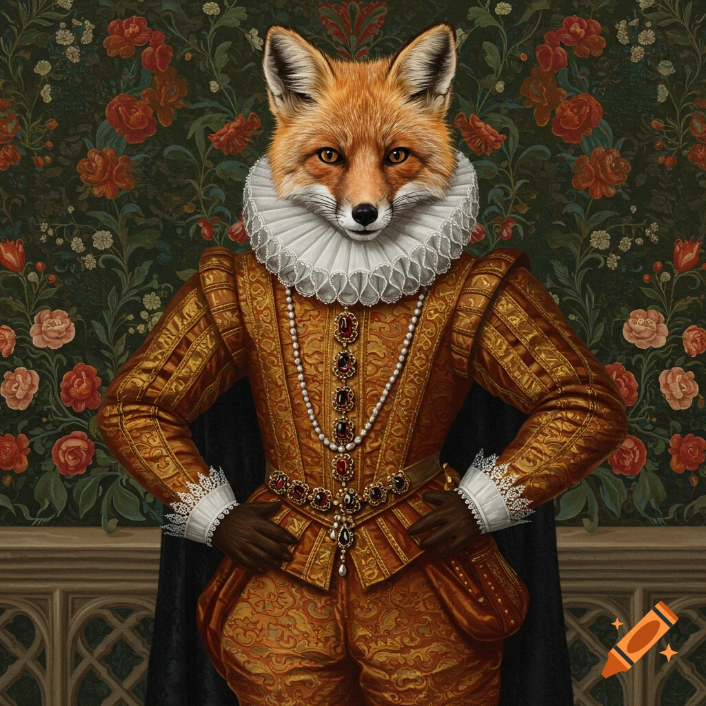 Portrait of a fox in an elaborate golden Elizabethan costume with a ...