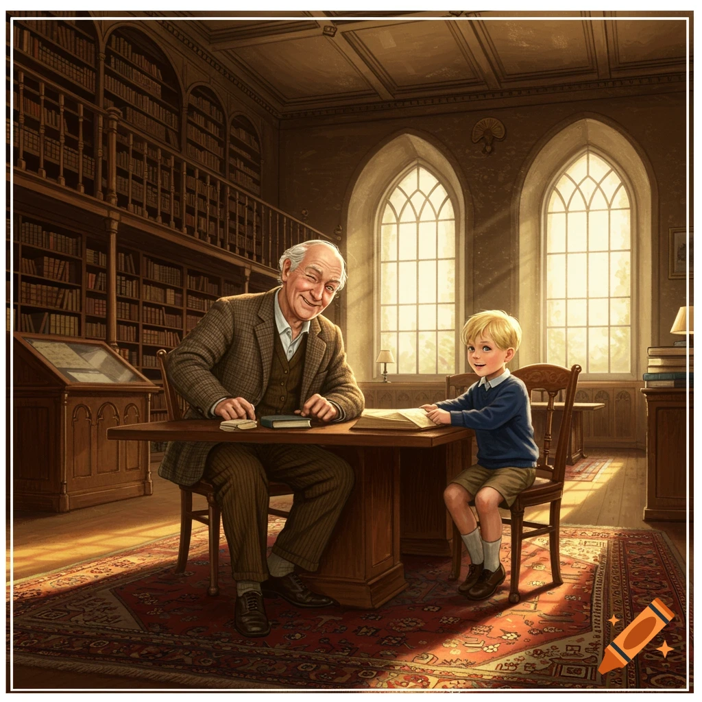 An old man winks at a boy reading a book at a table in a library. on ...