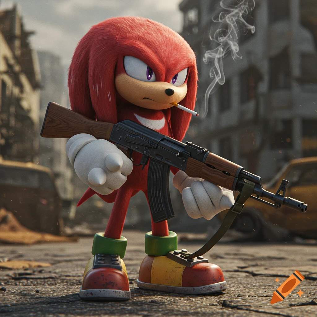 Knuckles from Sonic holding an AK47 and smoking a cigarette on Craiyon