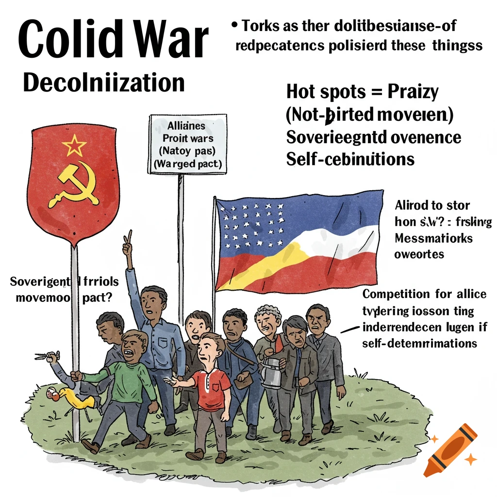 Political cartoon about Cold War decolonization and alliances on Craiyon