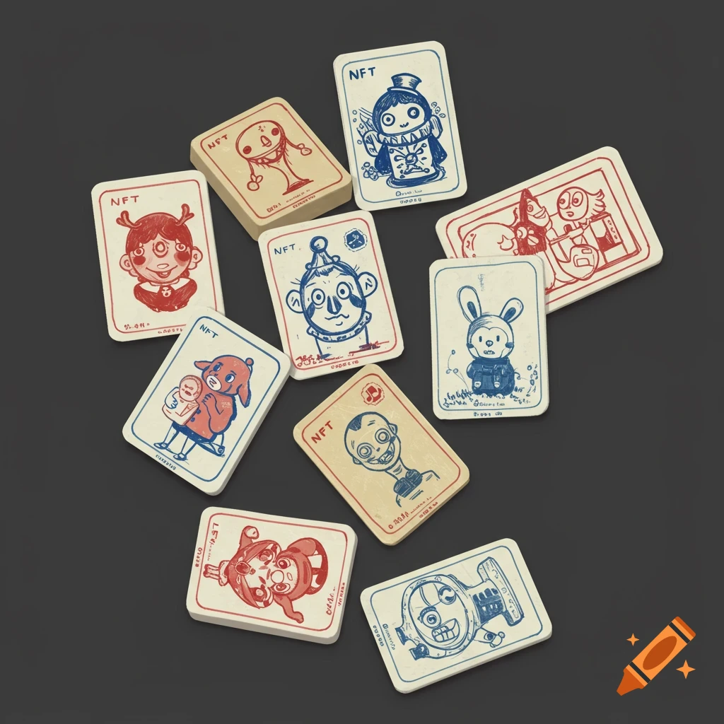 A scattering of stylized drawing cards featuring abstract characters in ...