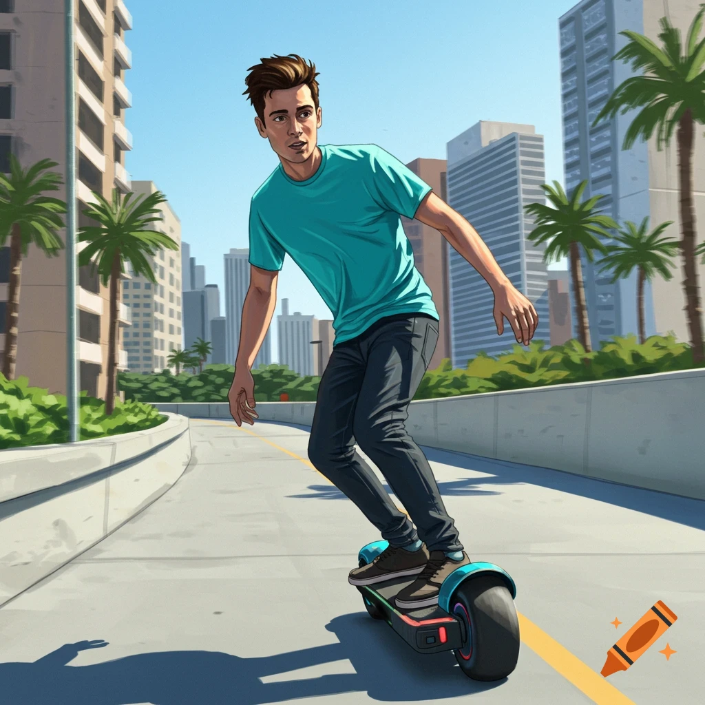 Man riding a onewheel electric skateboard on Craiyon