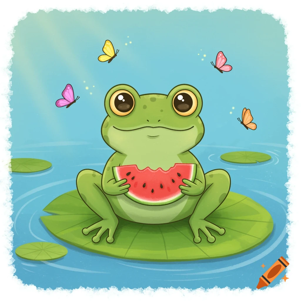 Cartoon frog eating watermelon on lily pad with butterflies on Craiyon