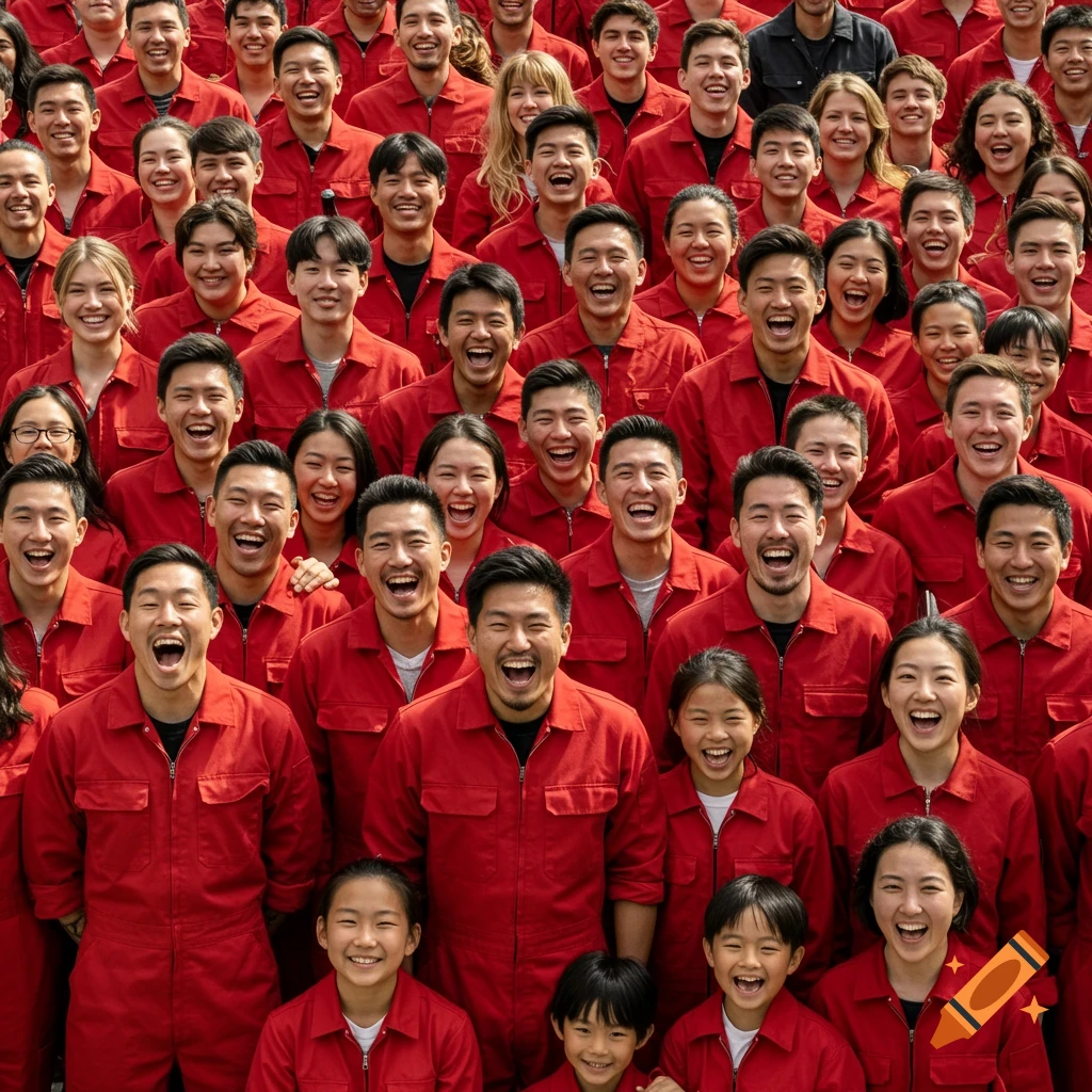 Crowd of people in red jumpsuits smiling on Craiyon