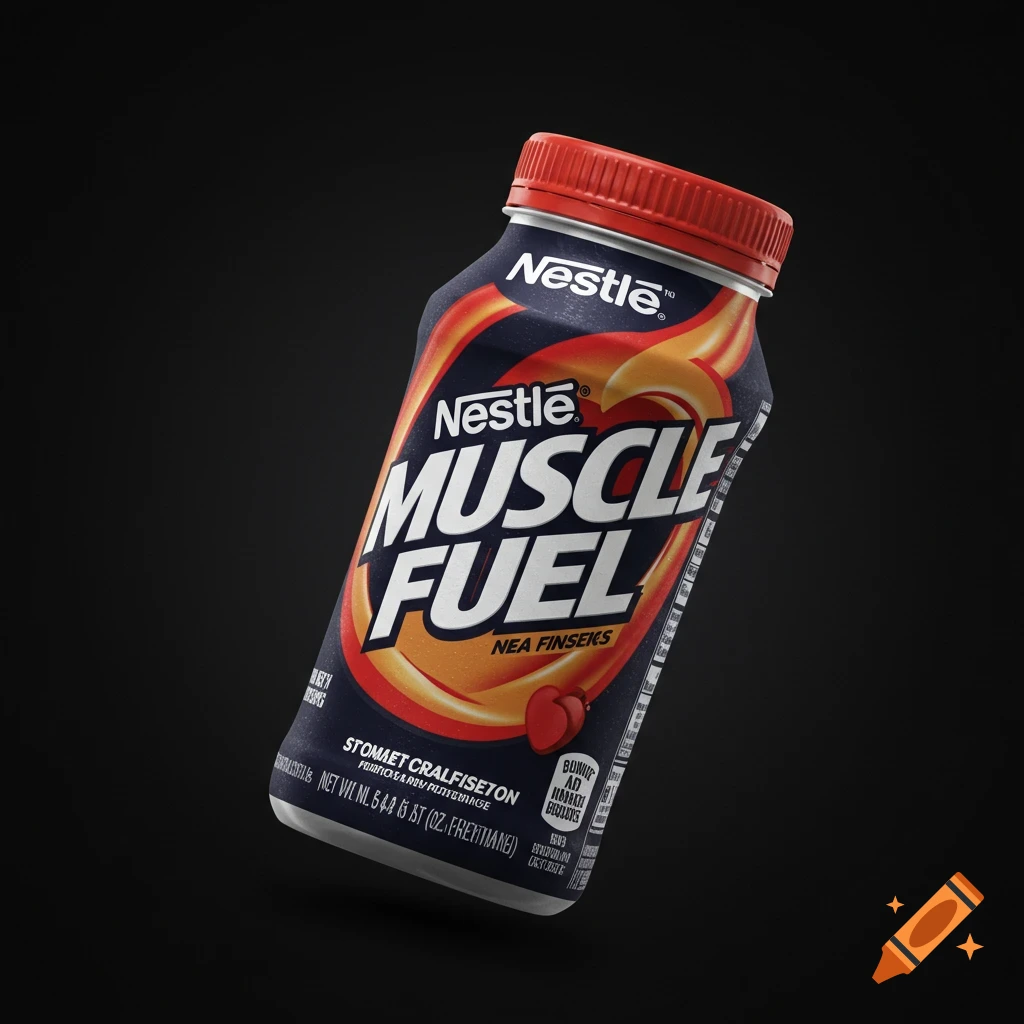 A Nestle Muscle Fuel drink bottle on a black background. on Craiyon