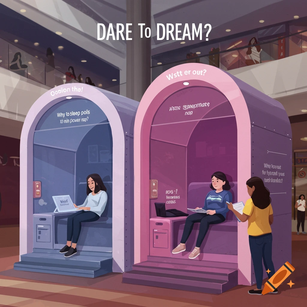 Sleep pods in a mall for testing SleepMate device on Craiyon