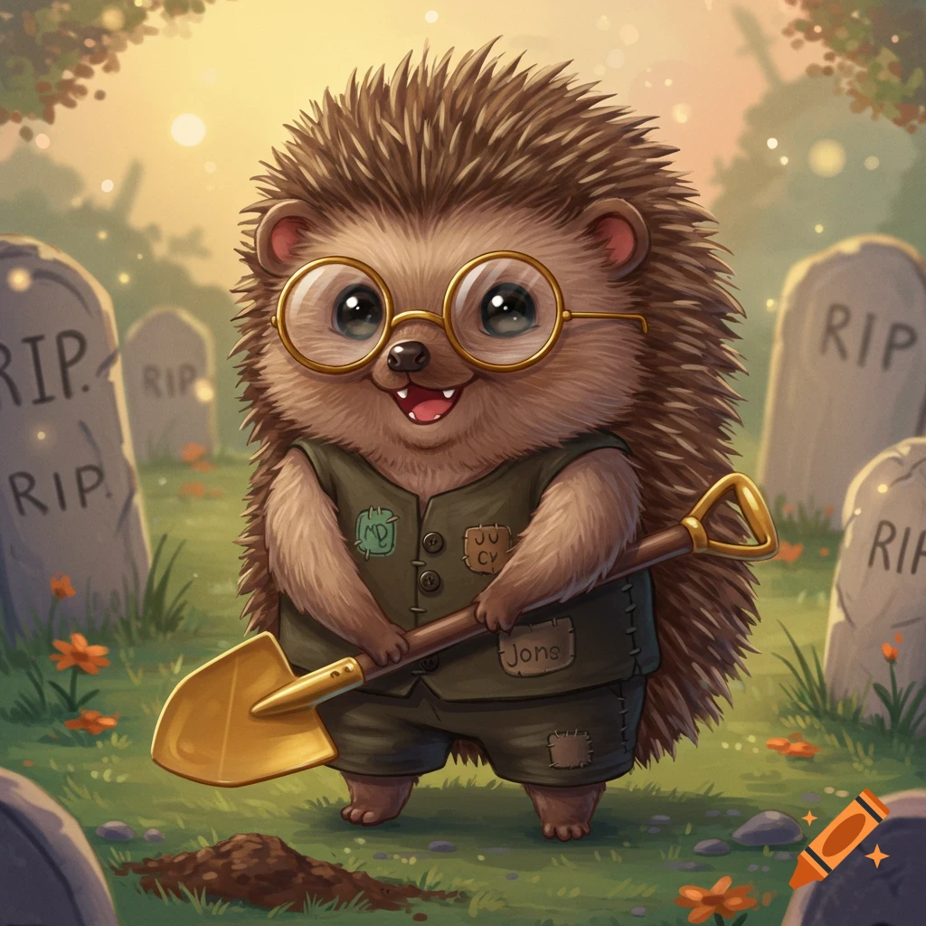 Chibi-style hedgehog grave keeper with shovel on Craiyon