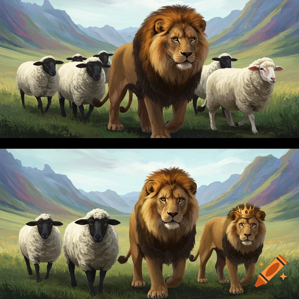 Split image: Top shows a lion leading sheep, bottom shows sheep leading ...
