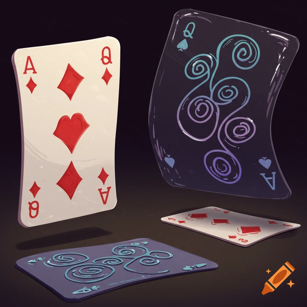 Stylized floating Ace of Diamonds playing card and other cards with ...