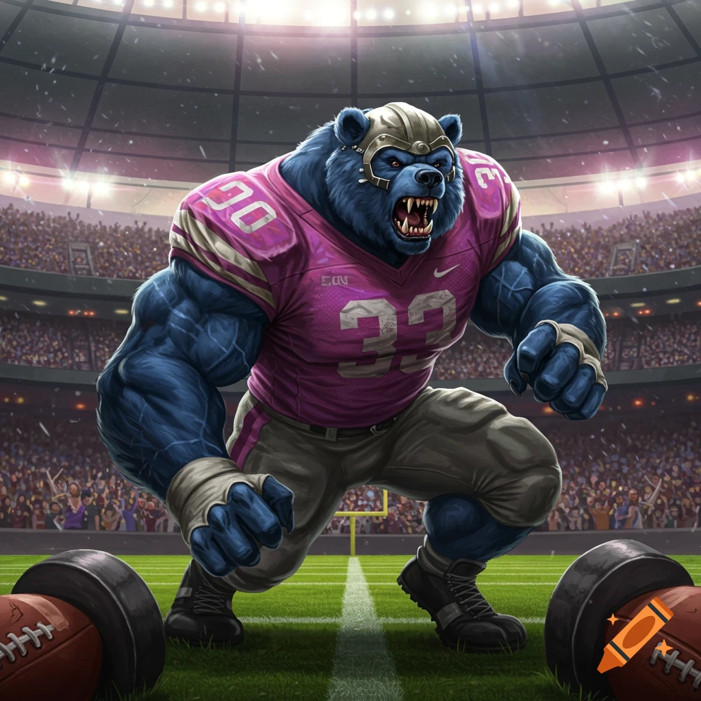 Photorealistic bear in a football uniform and helmet crouching on a ...