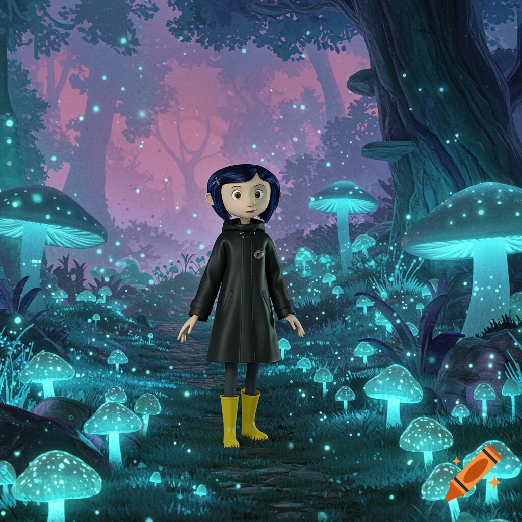 Coraline stands in a vibrant, stylized fantasy forest holding a key. on ...