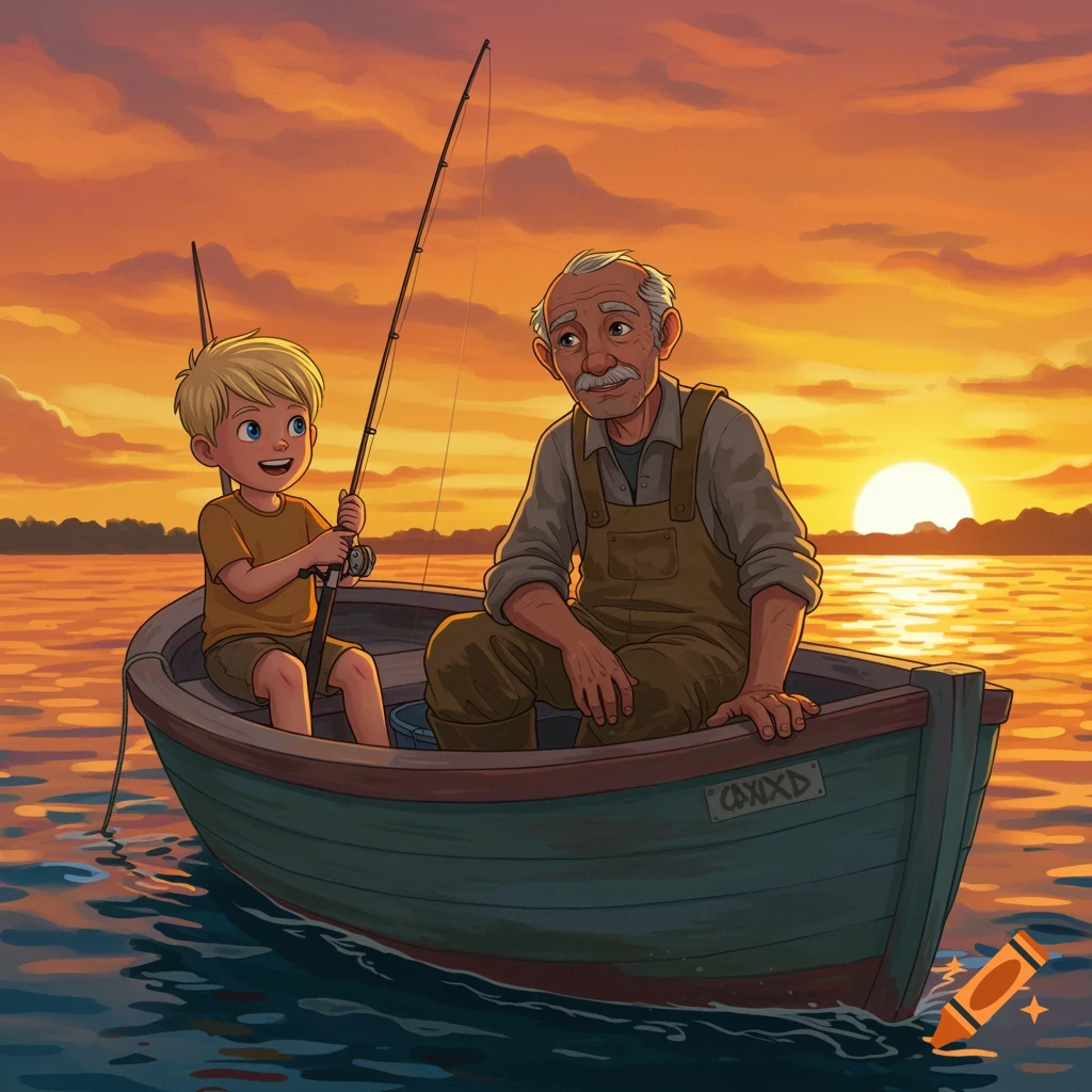 Young blond boy and an old man on a boat together, enjoying a day out ...
