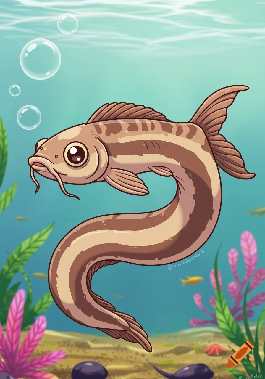 Cartoon illustration of a brown and tan striped fish swimming ...
