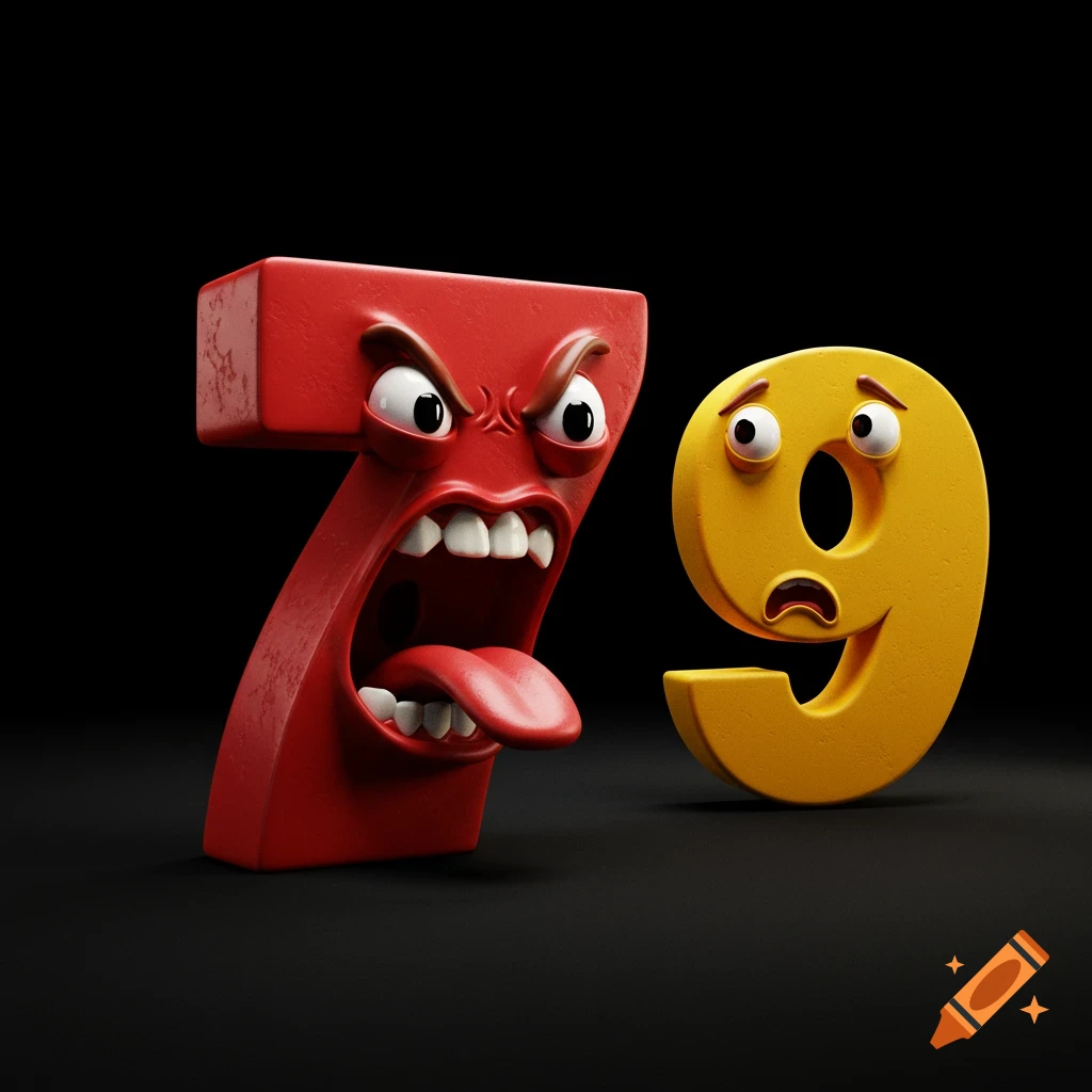 Angry number seven with sharp teeth confronting scared number nine on ...