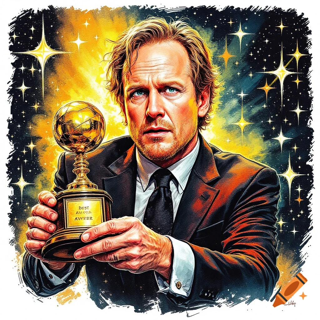 Illustration of a man resembling Woody Harrelson holding a golden ...