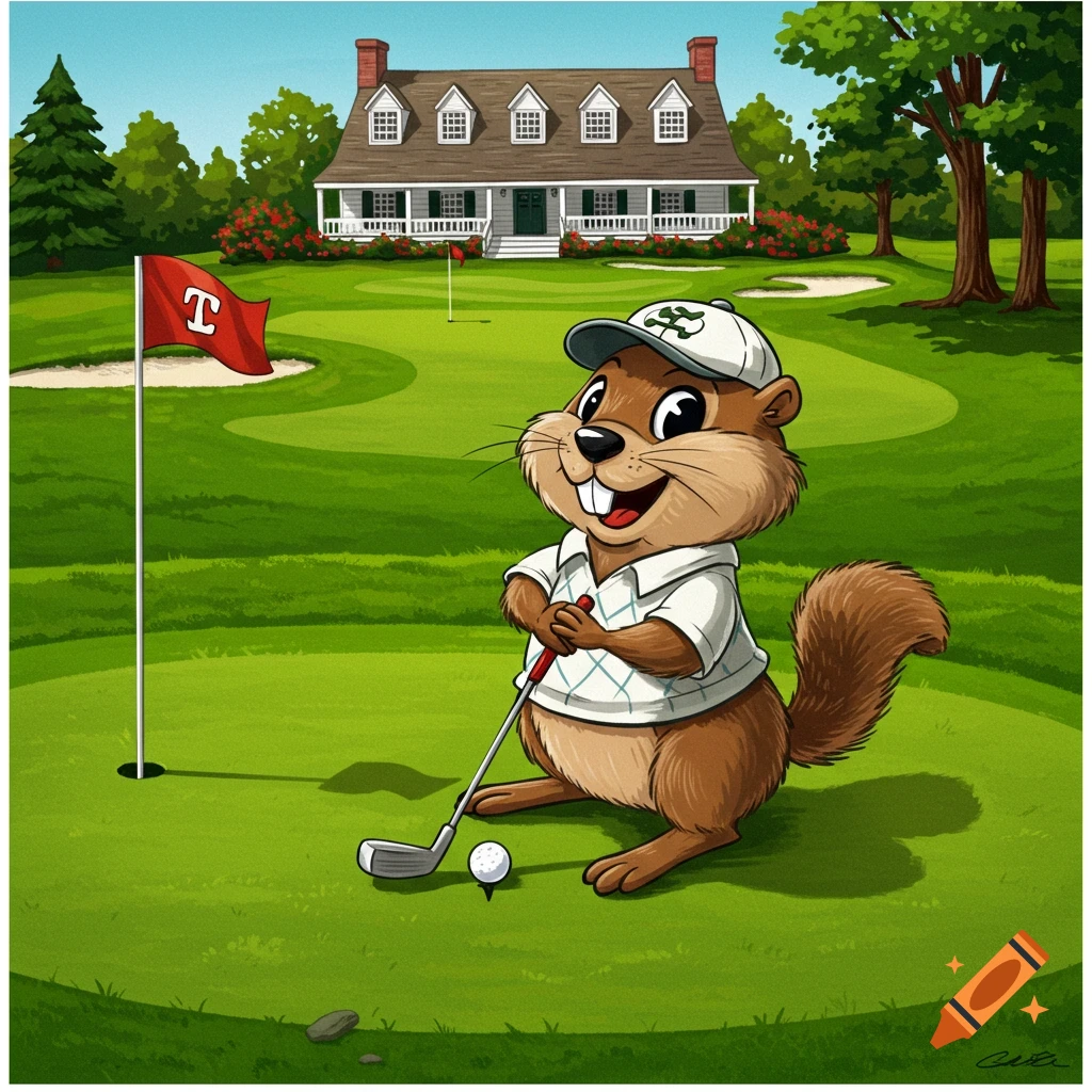 Cartoon dogs play golf on a green with gophers peeking from holes. Golf ...