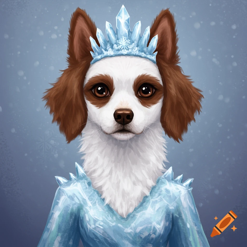 Half dog half human woman with ice crown and dress on Craiyon