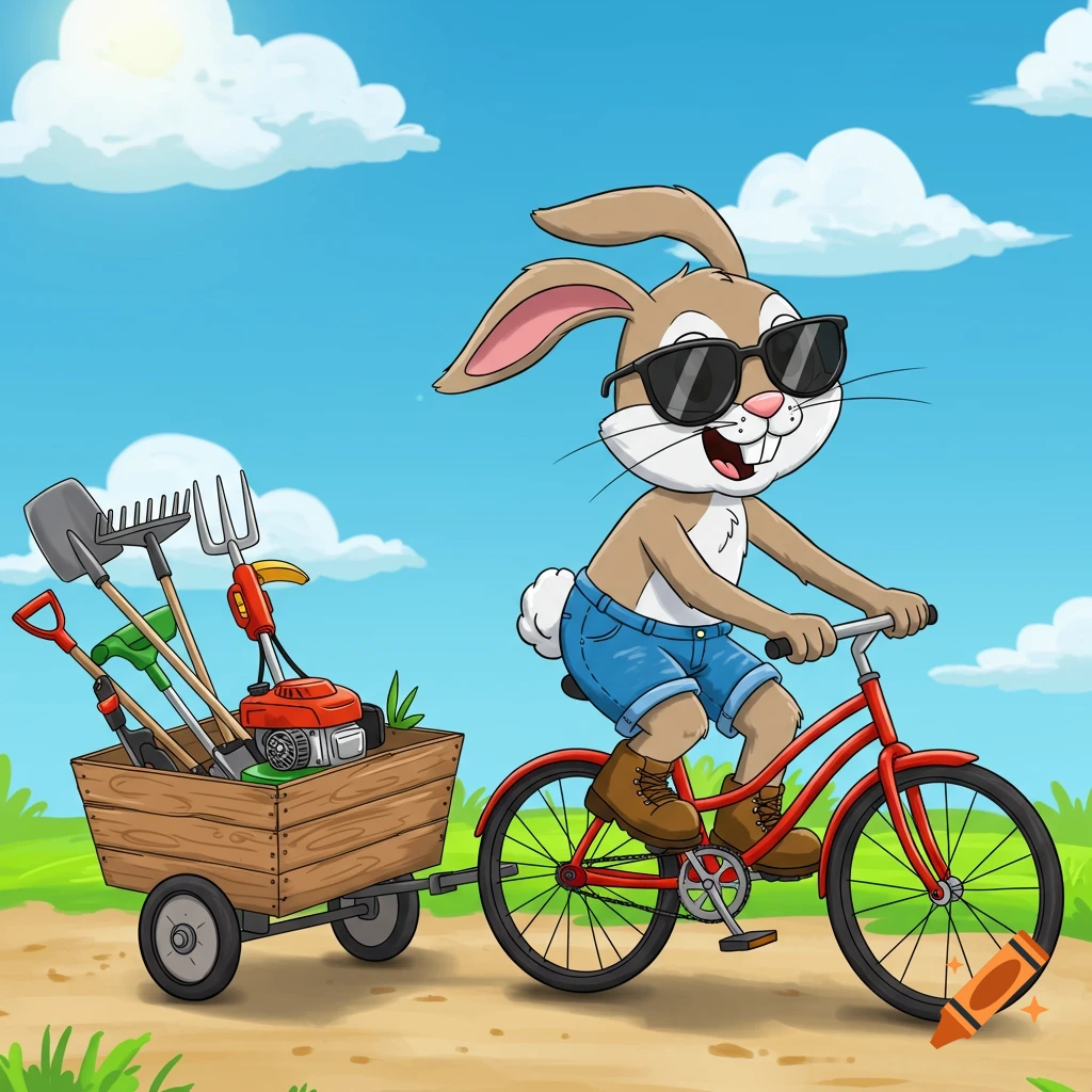 Cartoon rabbit with sunglasses riding a bicycle pulling lawn care ...