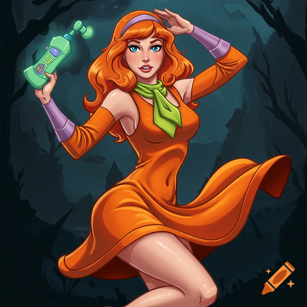 Daphne Blake in an orange dress holds a green bottle in a dark forest. on Craiyon