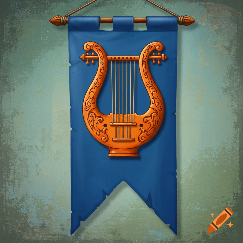 A blue medieval banner featuring an ornate orange lyre hangs against a ...