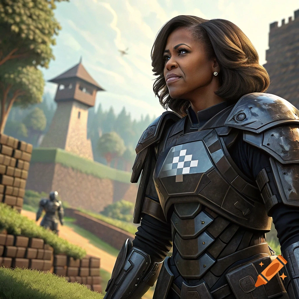 Michelle Obama in armor in a Minecraft-like landscape on Craiyon