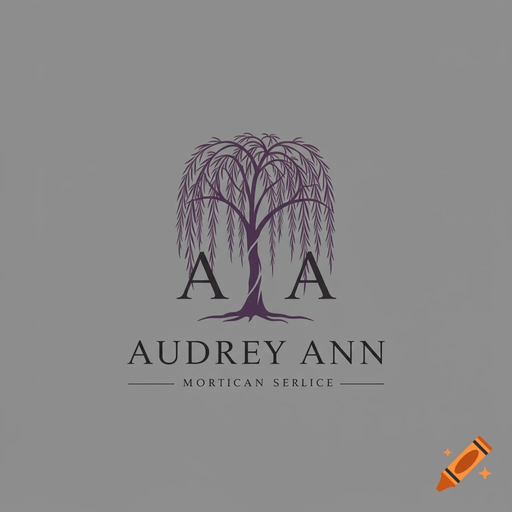 Logo featuring a purple willow tree, initials A A, and text Audrey Ann Mortican Serlice. on Craiyon