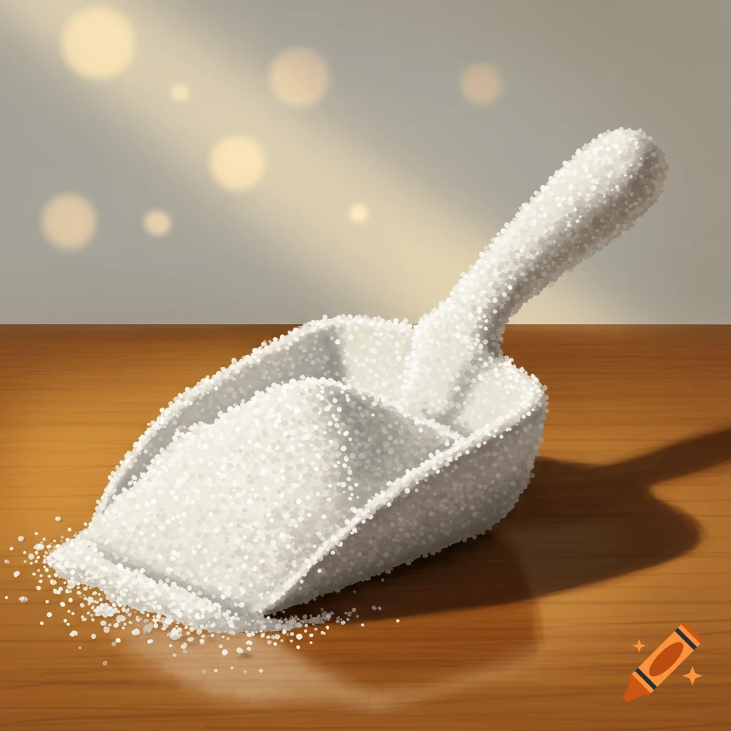A white scoop filled with white sugar spilling onto a wooden table ...