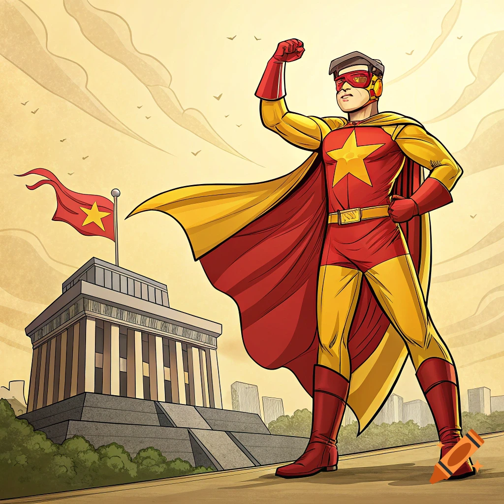 Cartoon superhero poses in front of a building with a flag. on Craiyon