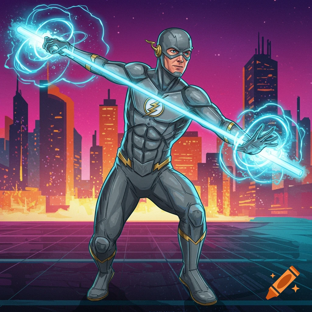 Superhero in grey suit with a blue light staff on Craiyon