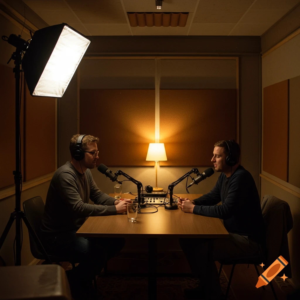 Two men recording a podcast in a cozy studio. on Craiyon