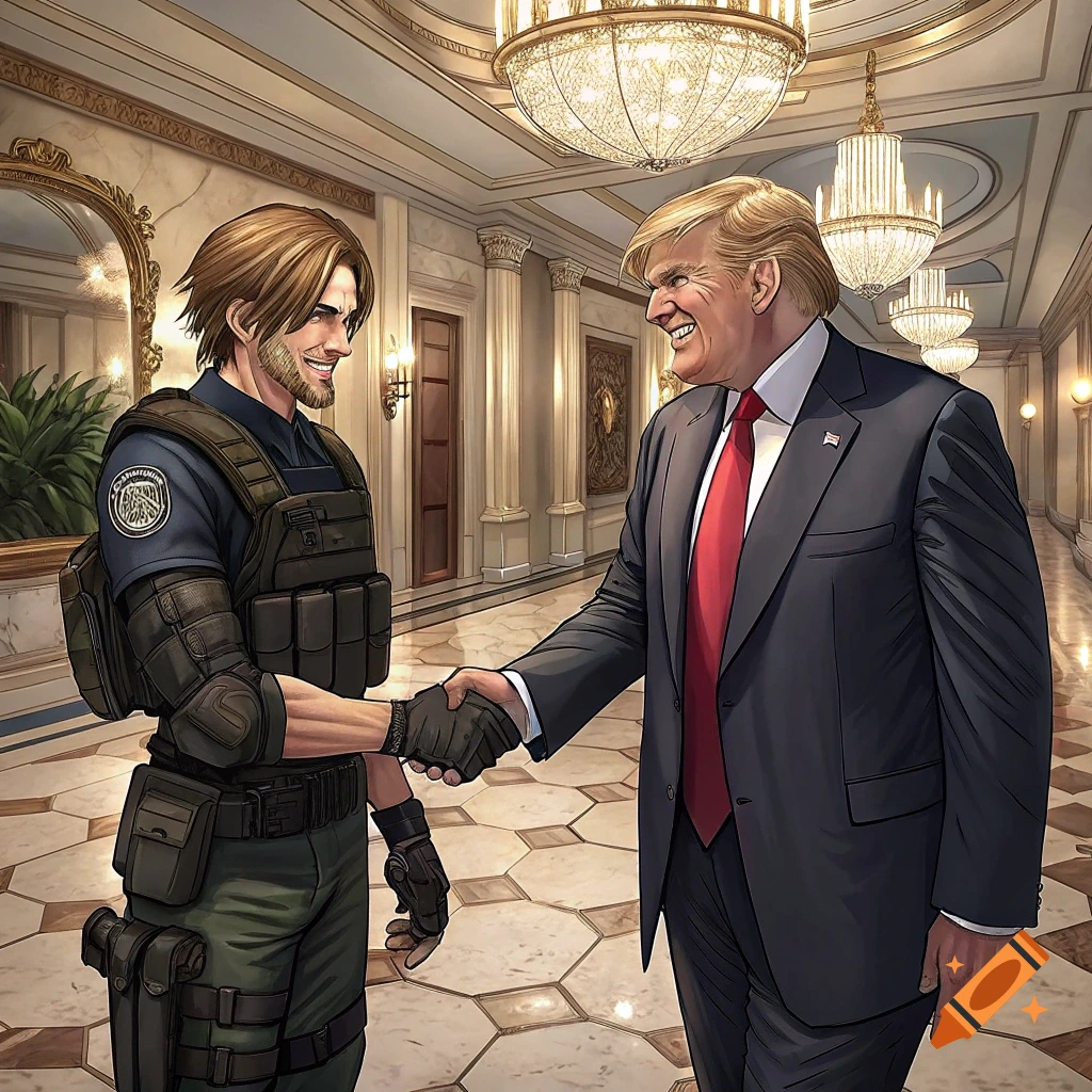 Illustration of Leon Kennedy from RE4 shaking hands with Donald Trump ...
