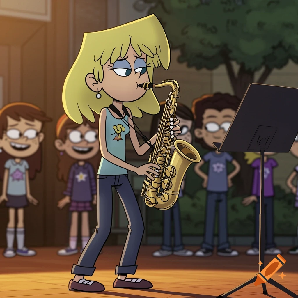 A cartoon character plays a saxophone while others watch. on Craiyon