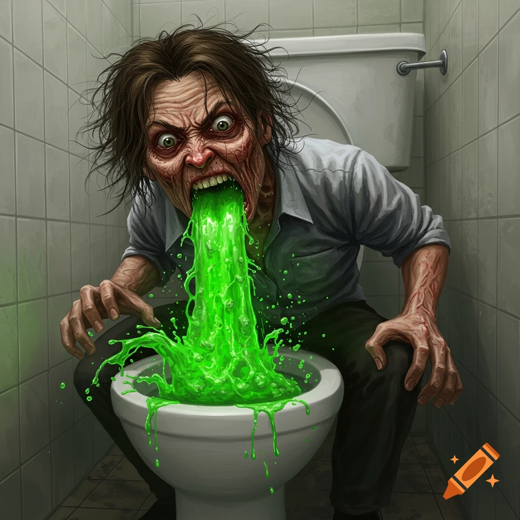 Scary teacher throwing up green stuff in bathroom roaring. on Craiyon