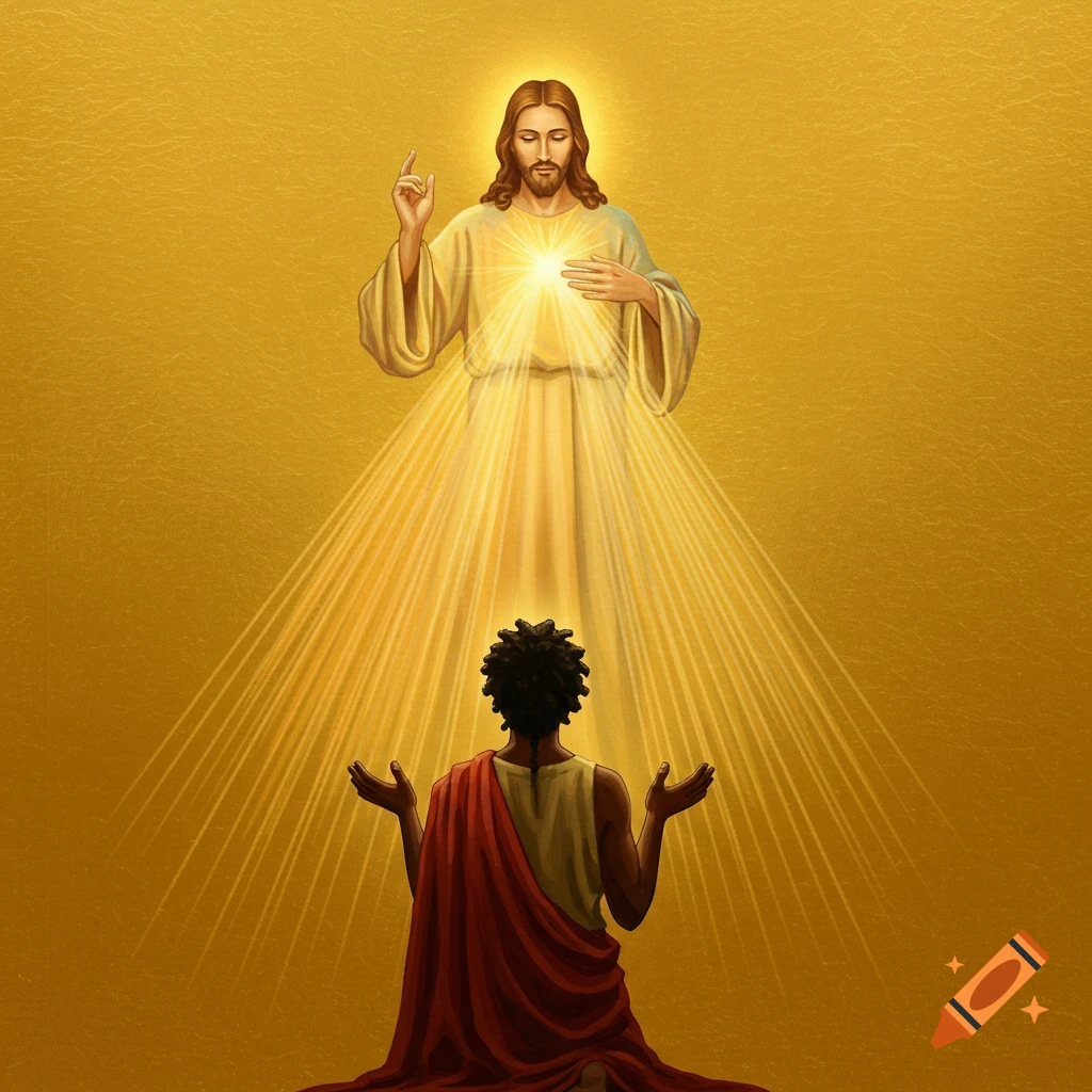 Religious painting of Jesus glowing and blessing a kneeling figure on a ...