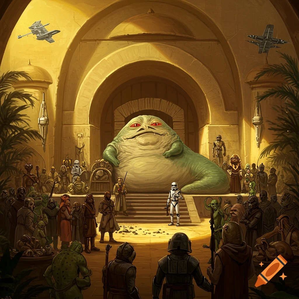 Jabba the Hutt sits in his palace surrounded by Star Wars aliens and a Stormtrooper. on Craiyon