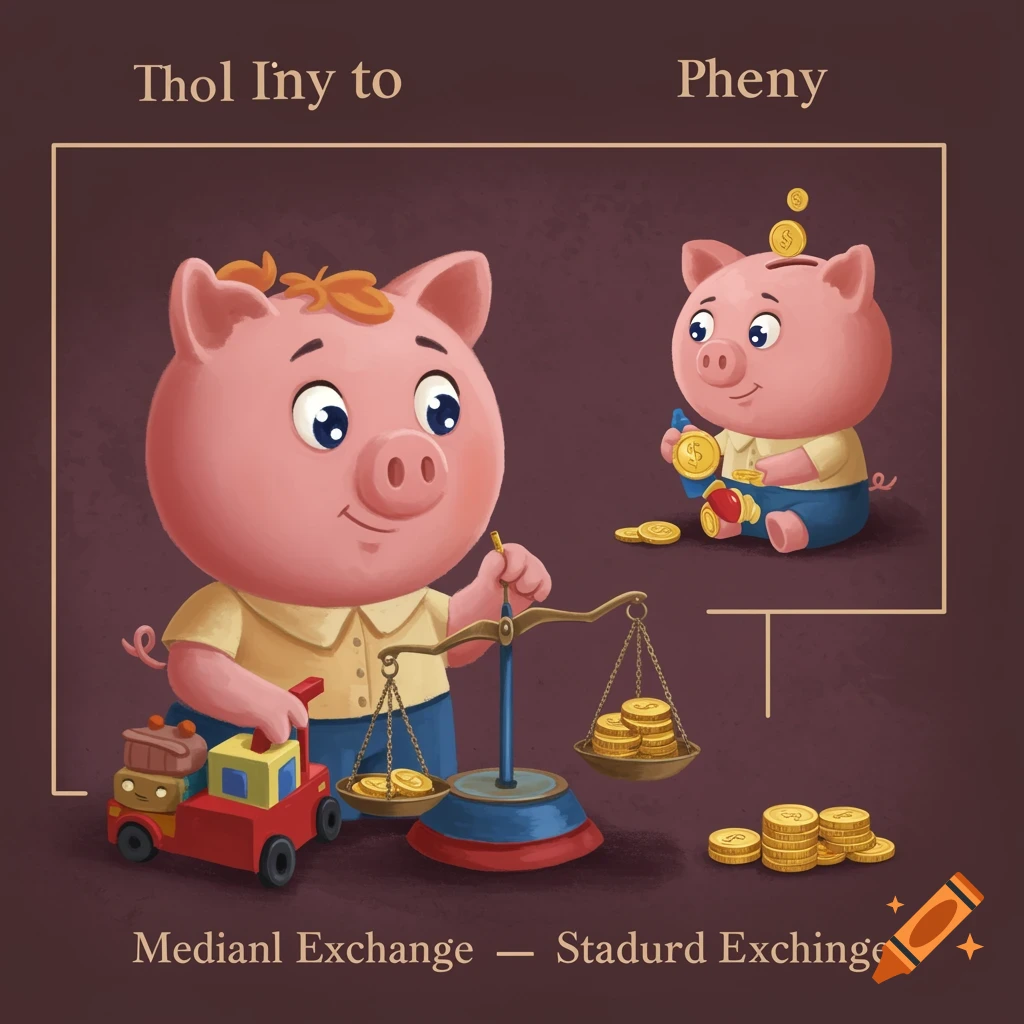 Cartoon illustration of pigs handling money. One weighs coins on a ...