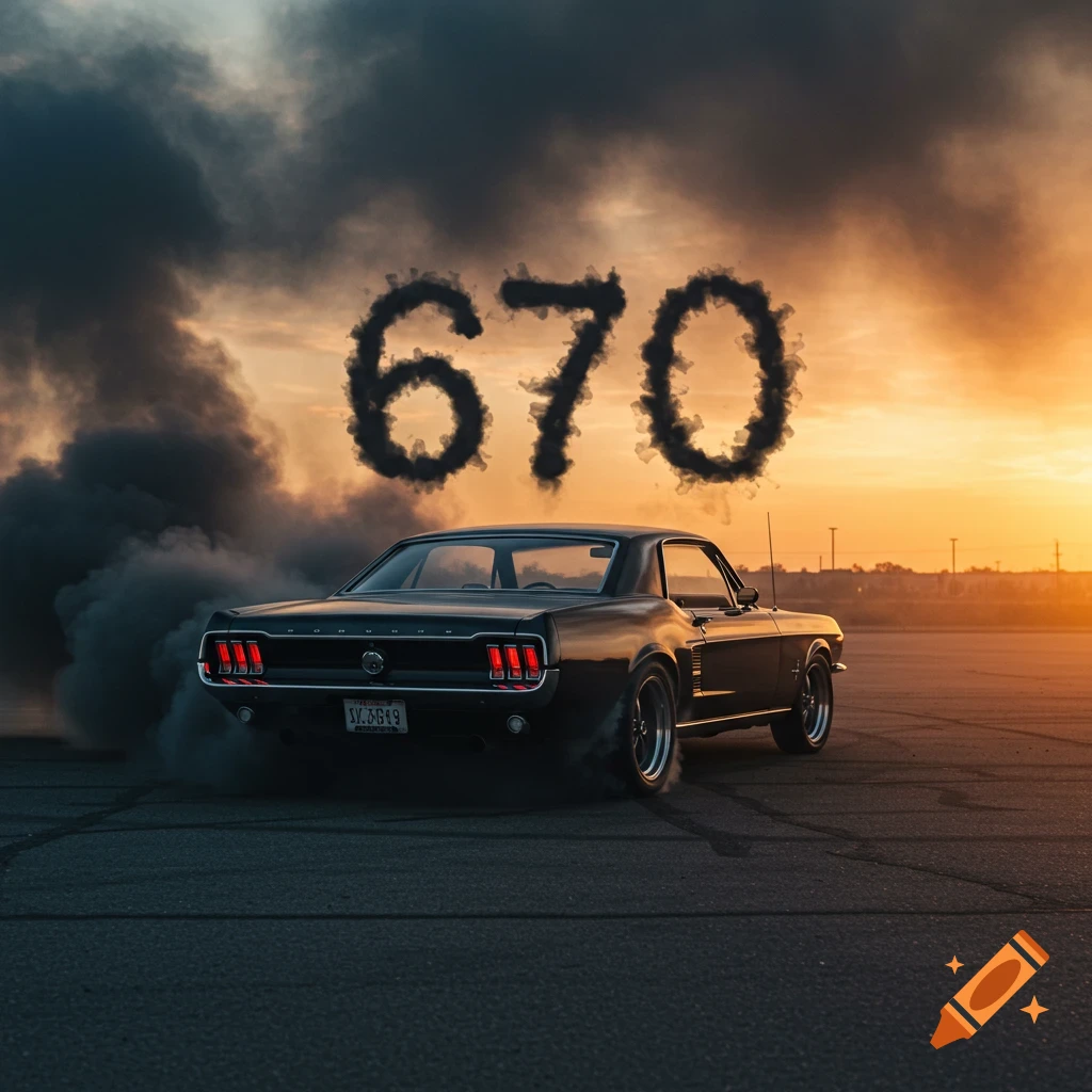 Muscle car burnout with smoke forming the number 670 on Craiyon