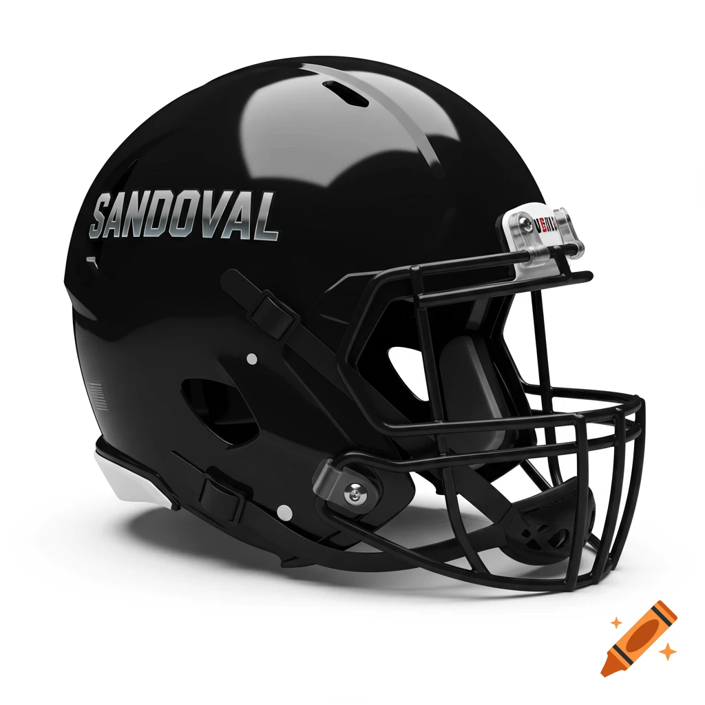 A black football helmet with "SANDOVAL" written on the side. on Craiyon