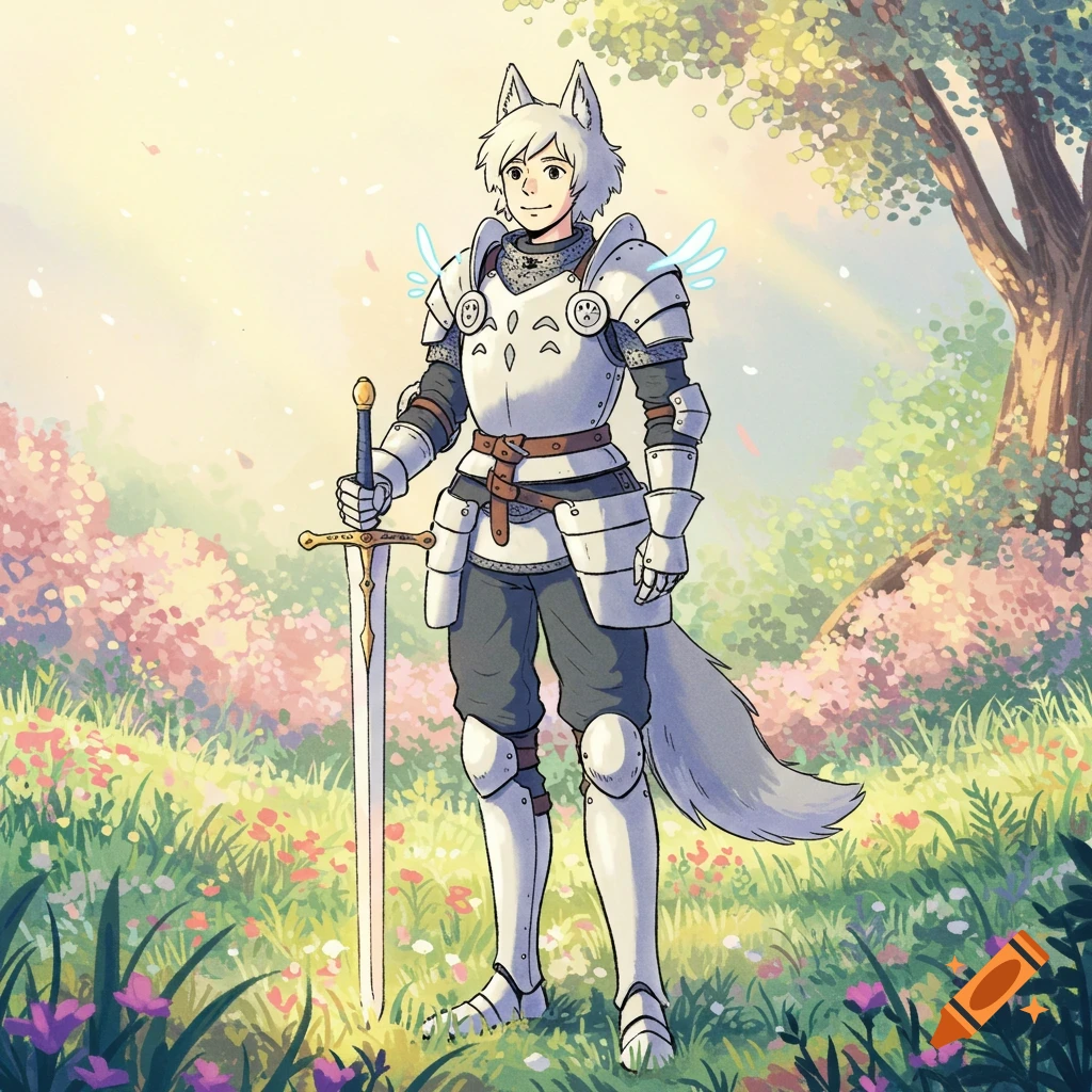 Ghibli style fantasy knight with wolf cut holding a sword on Craiyon