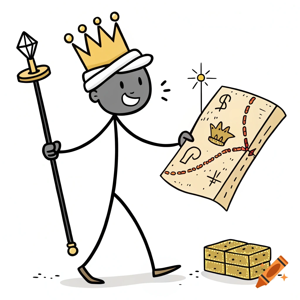 A stickman king with a crown holds a scepter and a treasure map next to ...