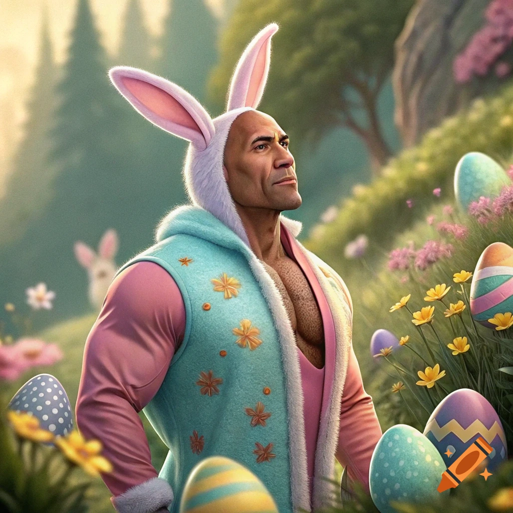 Muscular man resembling The Rock wearing an Easter bunny outfit in a ...